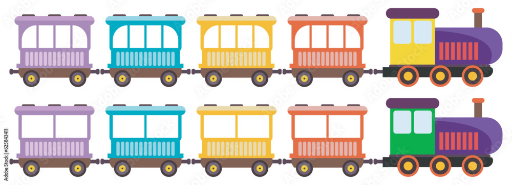 Cartoon toy train with color wagons, two different style kids train set ...