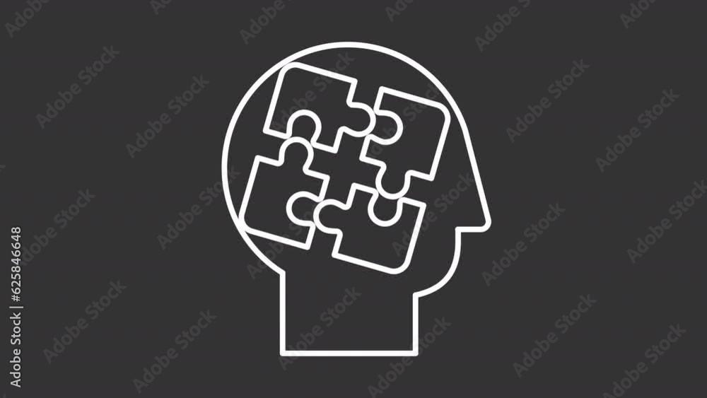 Elaboration white animated icon. Rotating puzzle in human head line ...
