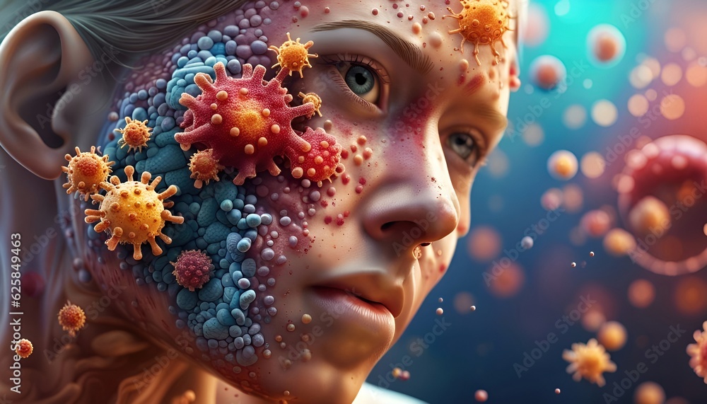 Human skin flora showing microorganisms, pathogens and bacteria which ...