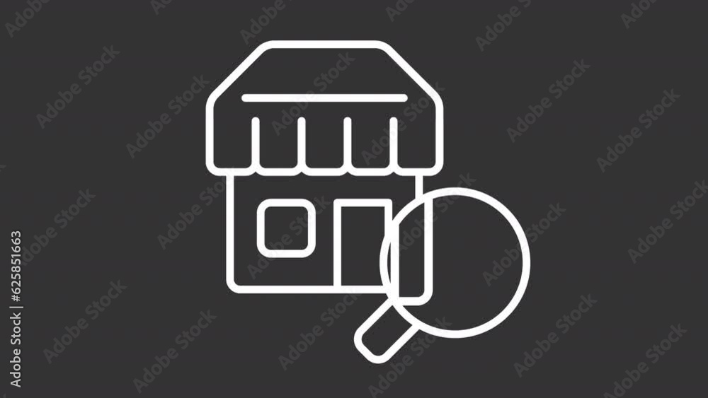 Market research white line animation. Magnifying glass examining retail ...