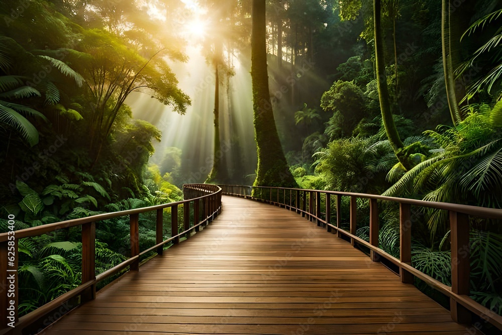 bridge in the forest long trees on the side of bridge AI Generated ...