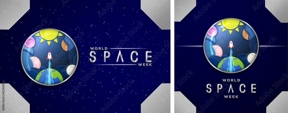 Set of World Space Week Banner and Greeting Card in pop up paper art ...