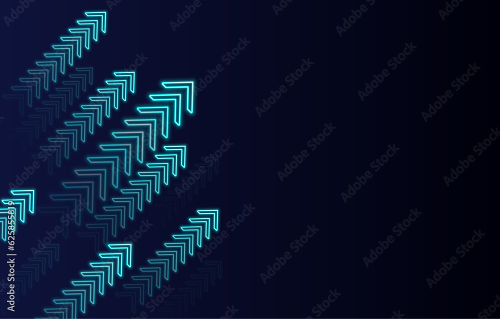 neon arrows aim upward at an angle. blue arrows on a dark background go ...