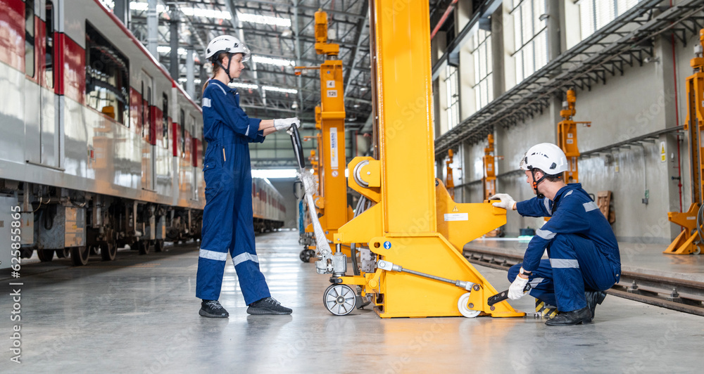 Caucasian male technician and engineer woman both wearing in safety ...