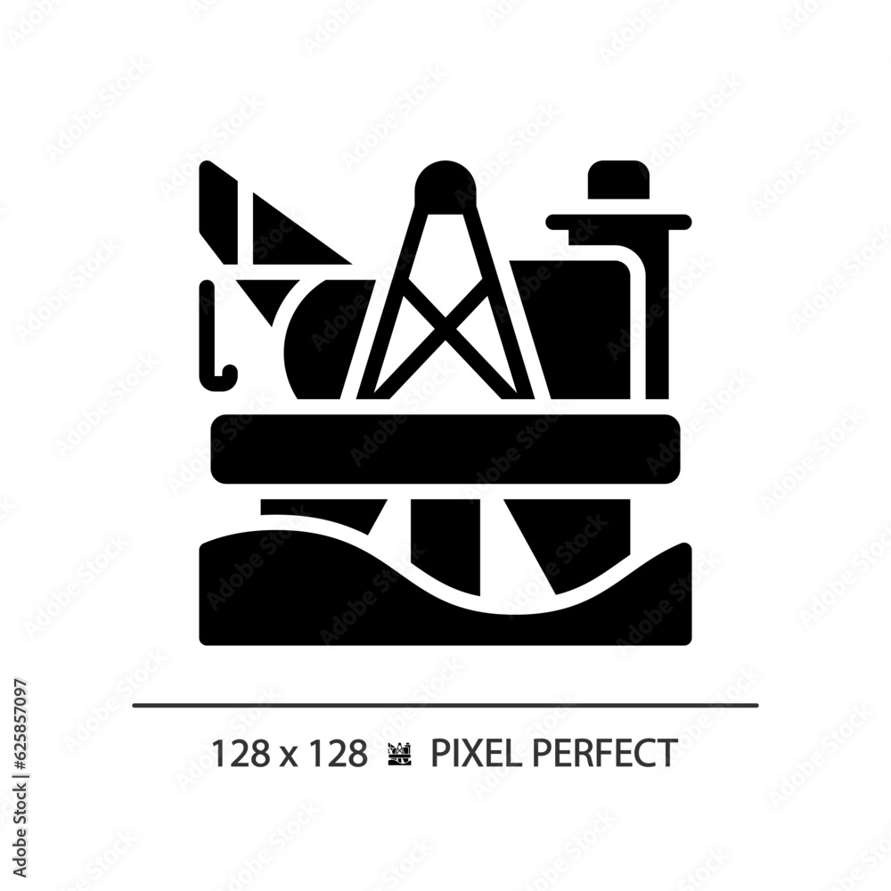 Oil platform black glyph icon. Pump jack. Offshore drilling rig. Deep ...