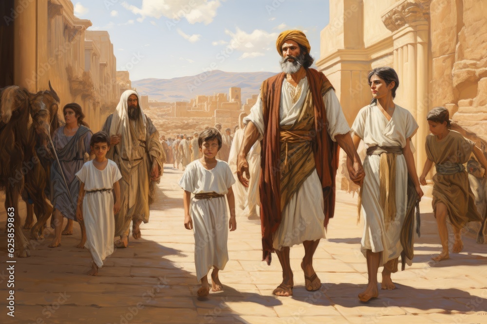 Illustration of Jacob and his family walking in the streets of Egypt ...