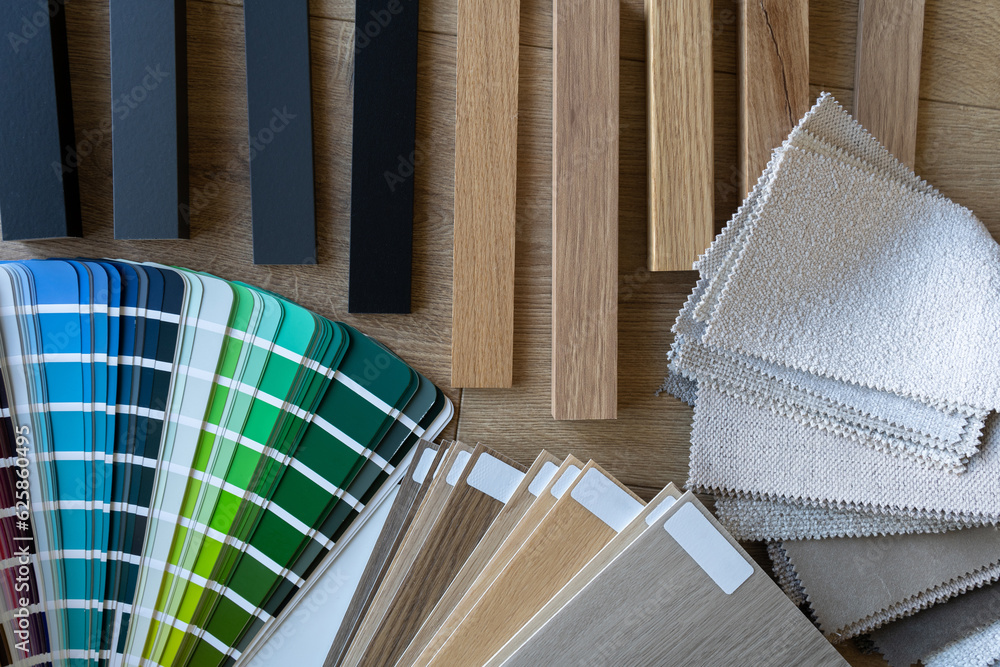 Color scheme palette guide catalog with colour swatches. Wooden ...