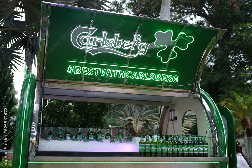 PENANG, MALAYSIA - 3 JUNE 2023: A modern design of Carlsberg's beer ...