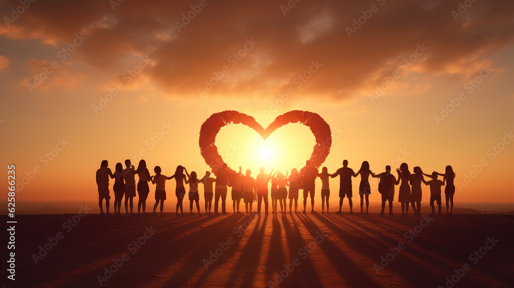 a group of people forming a heart shape with their hands against a ...