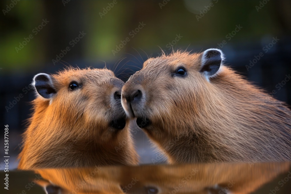 cute capybara couple cuddle up to each other on a blurry background ...