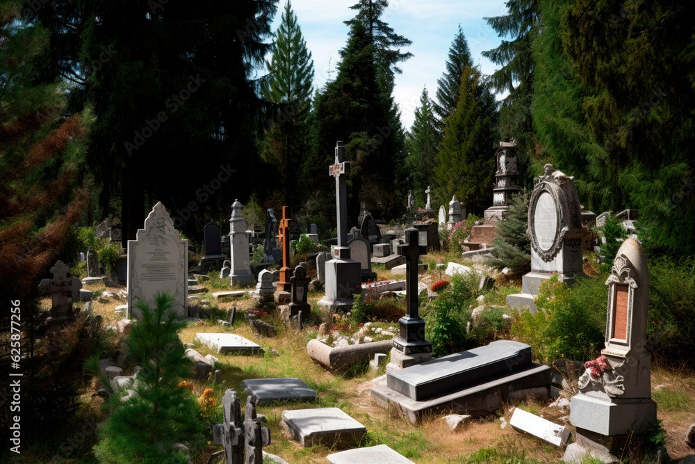 Graveyard in forest. Cemetery with graves and tombstones. Abandoned ...