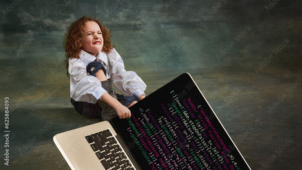 little programmer. Emotional little girl with curly hair in vintage ...