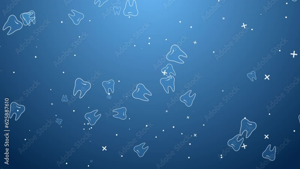 Blue animated background with drawn cartoon teeth. Rotating dental ...