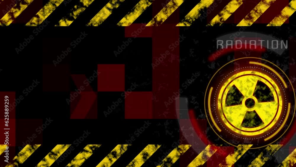 Warning background whith glowing nuclear symbol. Red screen message of ...
