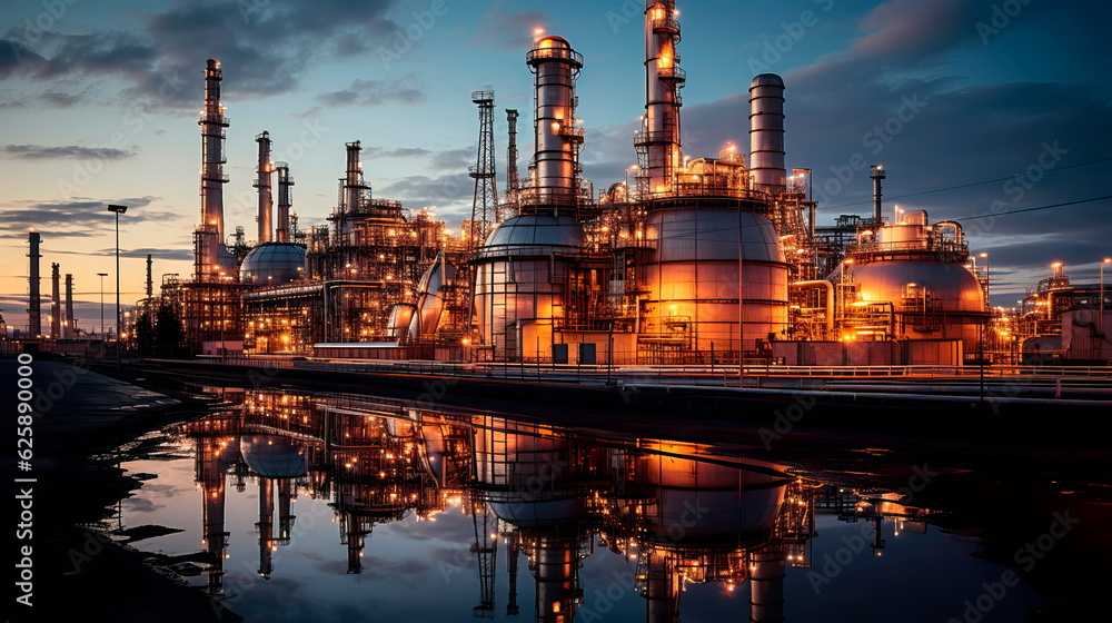 A modern petrochemical plant with intricate piping systems ...