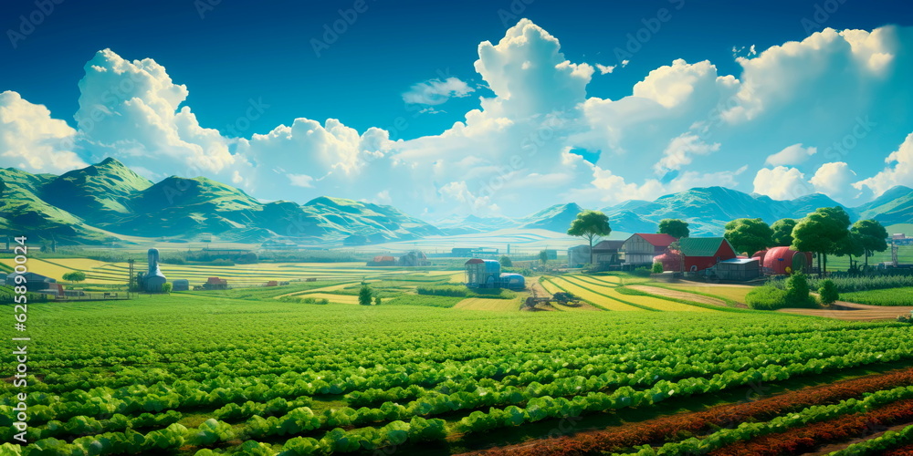 sprawling agricultural farm with fields of crops, tractors, and ...