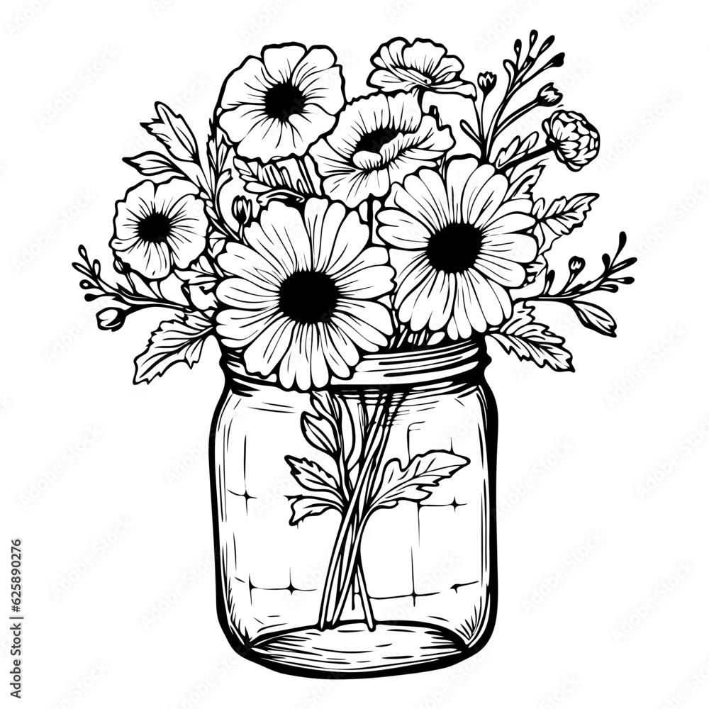Black outline flowers bouquet in the mason jar, botanical vector ...