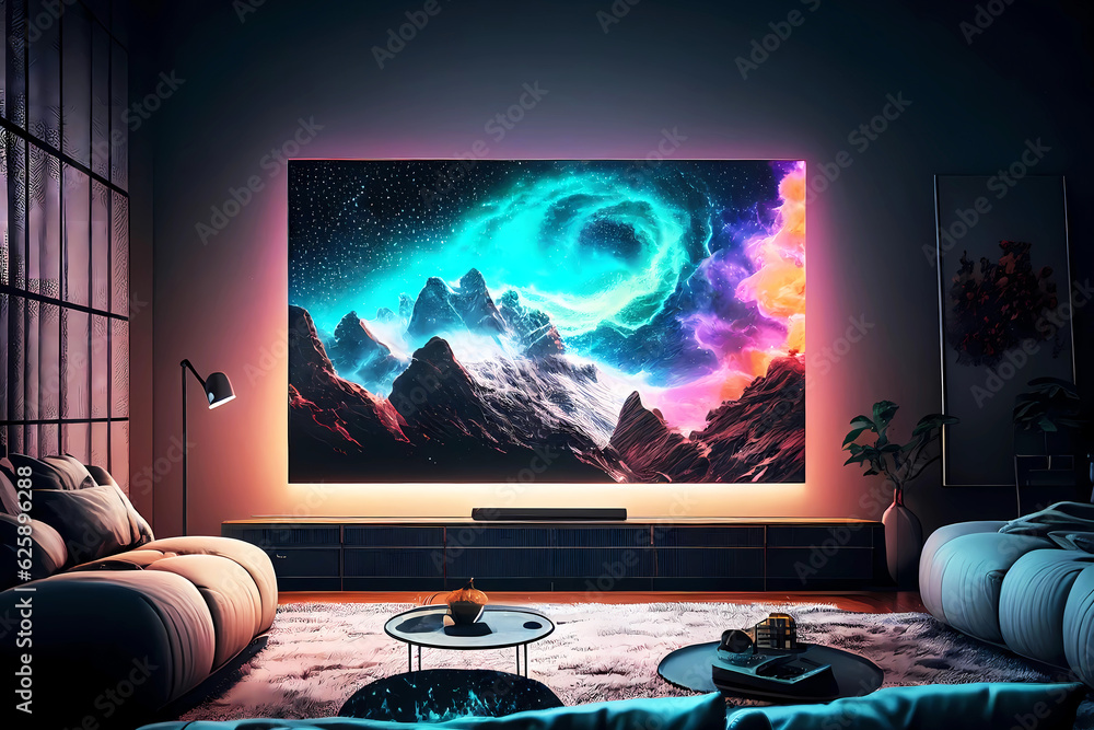 Modern living room with big tv screen on the wall. Generative ai design ...