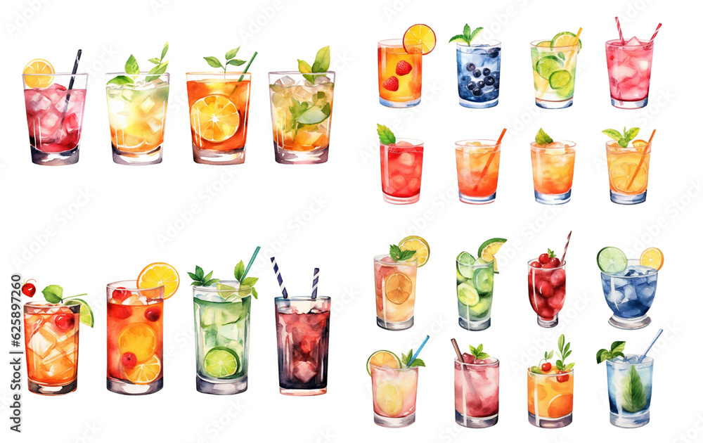 Watercolor cocktail drinks set on white background. Watercolor painting ...