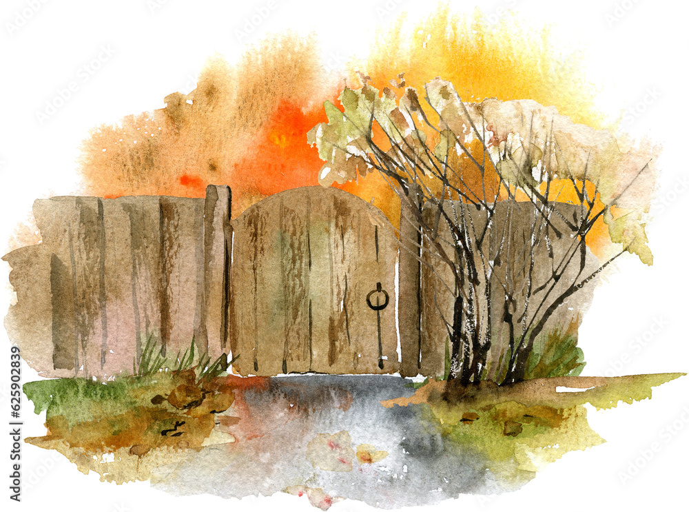 Watercolor old gate, PNG with transparent background Stock Illustration ...