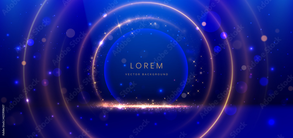 Luxury dark blue background with circle glowing blue and golden line ...