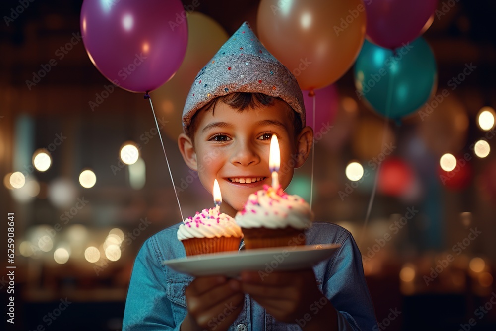 birthday boy with balloons and cupcake Stock Photo | Adobe Stock