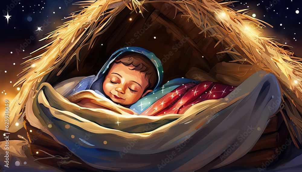 Cute baby Jesus sleeping under the stars in a little stray hut Stock ...