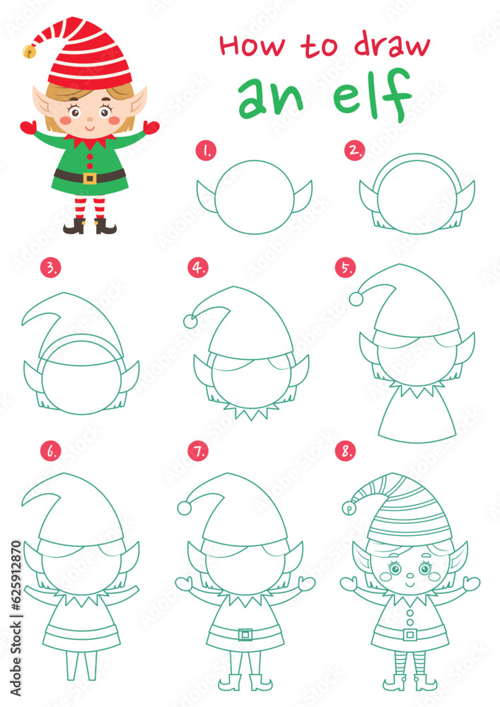 Vetor de How to draw an elf vector illustration. Draw elf girl step by ...