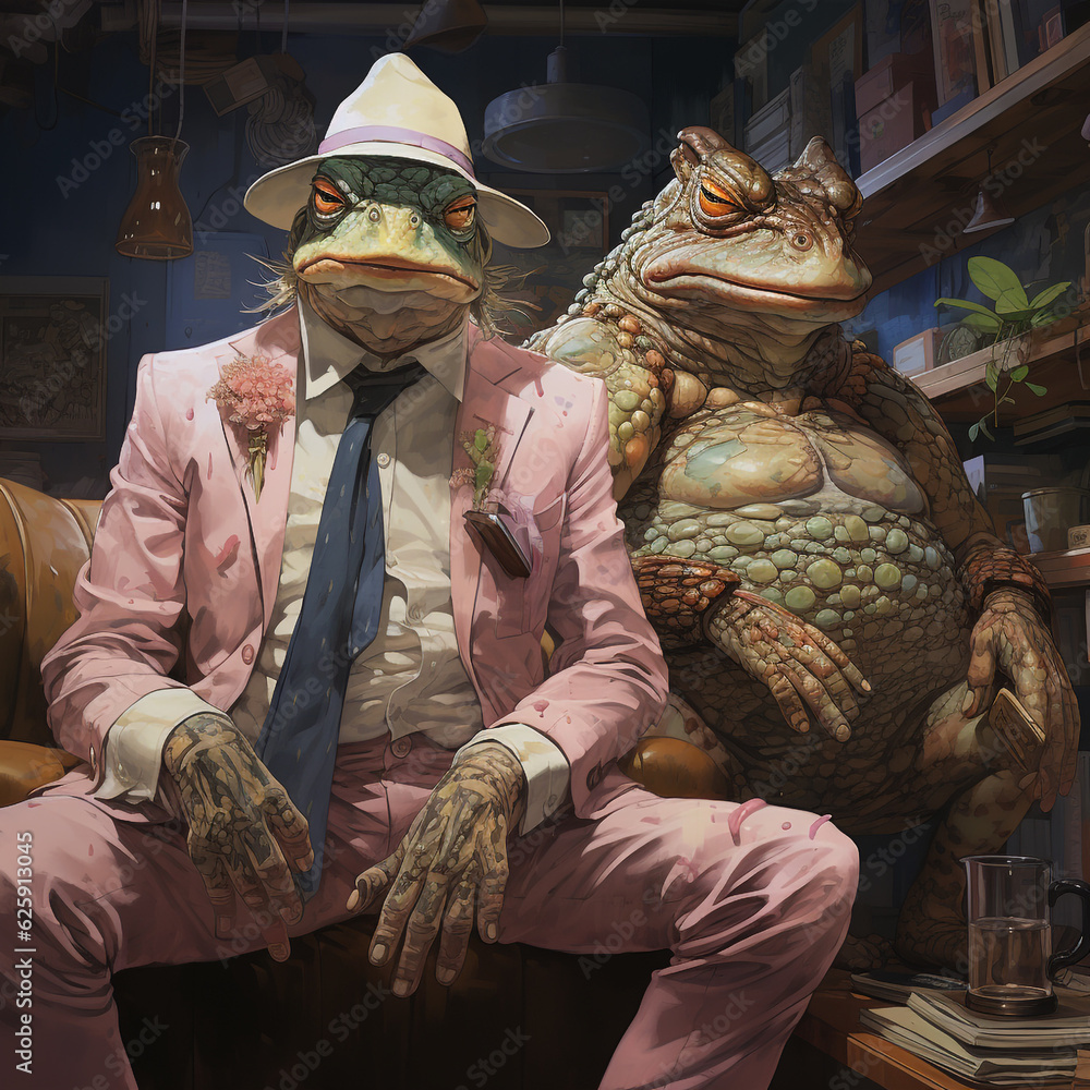 Two toads in a suit are sitting in a desk, in the style of realistic ...