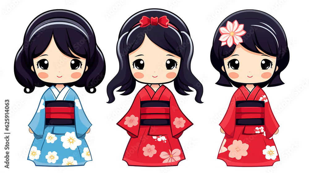Set of 3 cute kawaii Japanese girls catoon character in kimono isolated ...