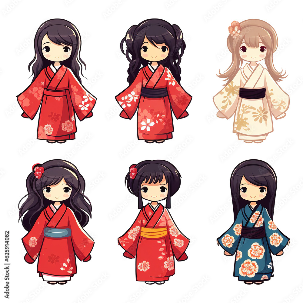 Set of 6 cute kawaii Japanese girls catoon character in kimono isolated ...