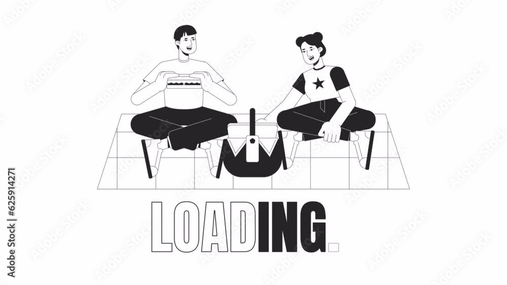 Summer picnic bw loading animation. Man eating sandwich. Girl holding ...
