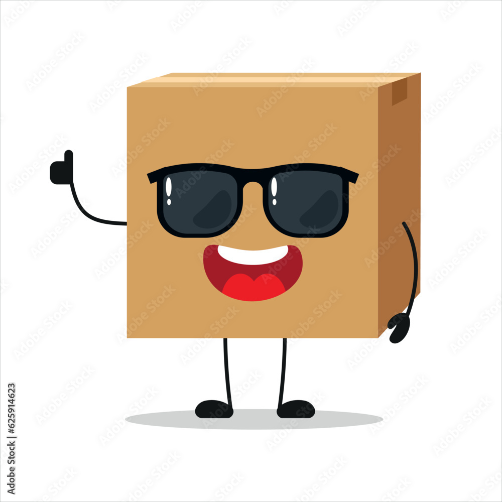 Vetor de Cute happy carton box character wear sunglasses. Funny package ...