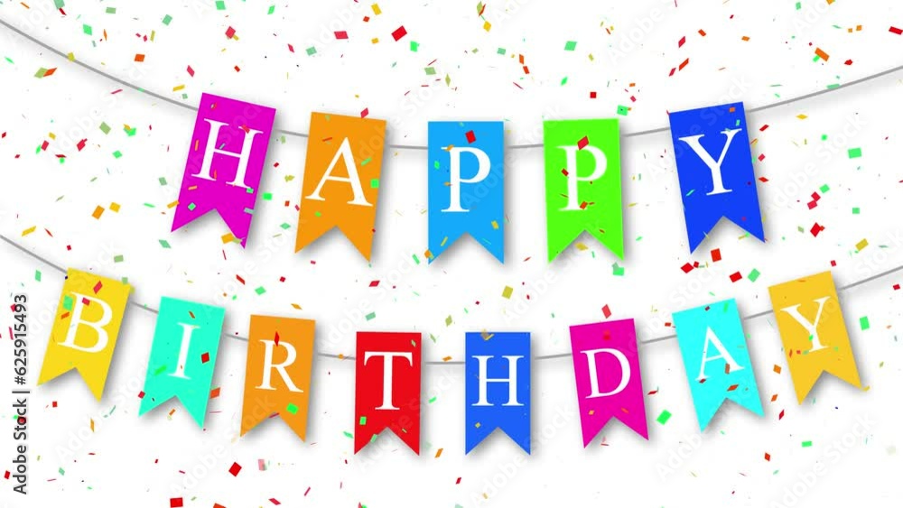 happy birthday flag banner animation with confetti falling over white ...
