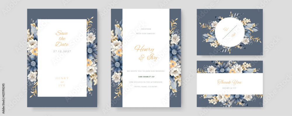 Floral wedding invitation template set with flowers and leaves ...
