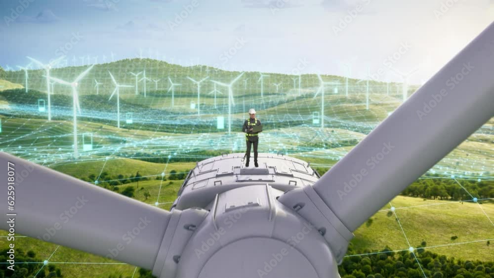 Caucasian Male Green Energy Engineer Using Laptop On Top Of Wind Turbine. Man Does Inspection On ...