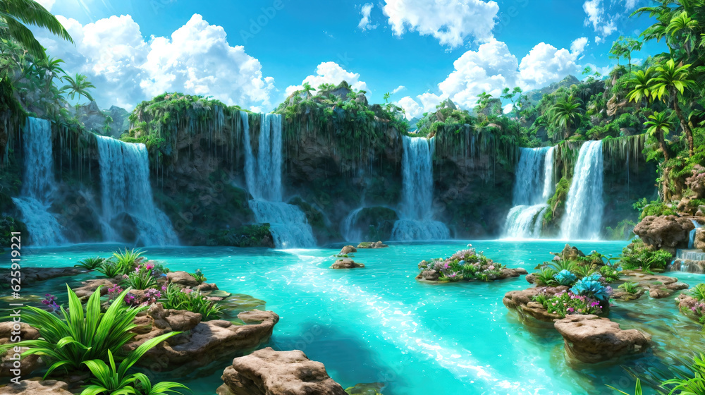 Paradise landscape with waterfalls and beautiful tropical vegetation ...