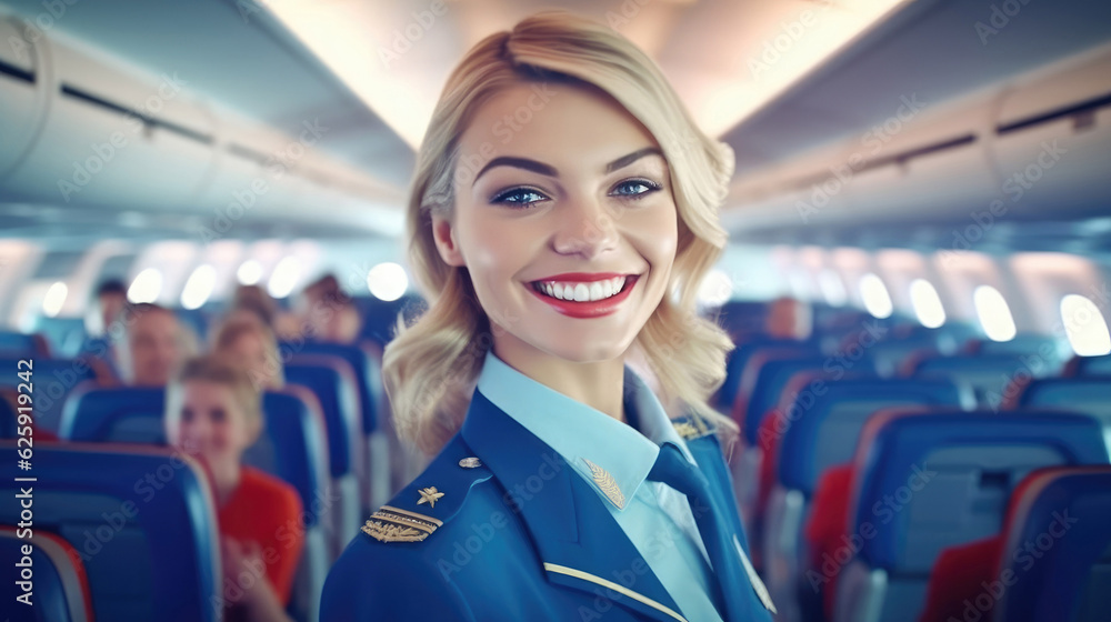 Smiling female flight attendant in blue uniform in aircraft cabin ...