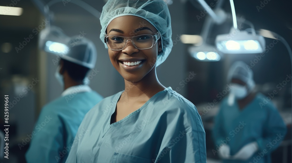 Smiling surgeon black woman in surgical operating room, talented doctor ...