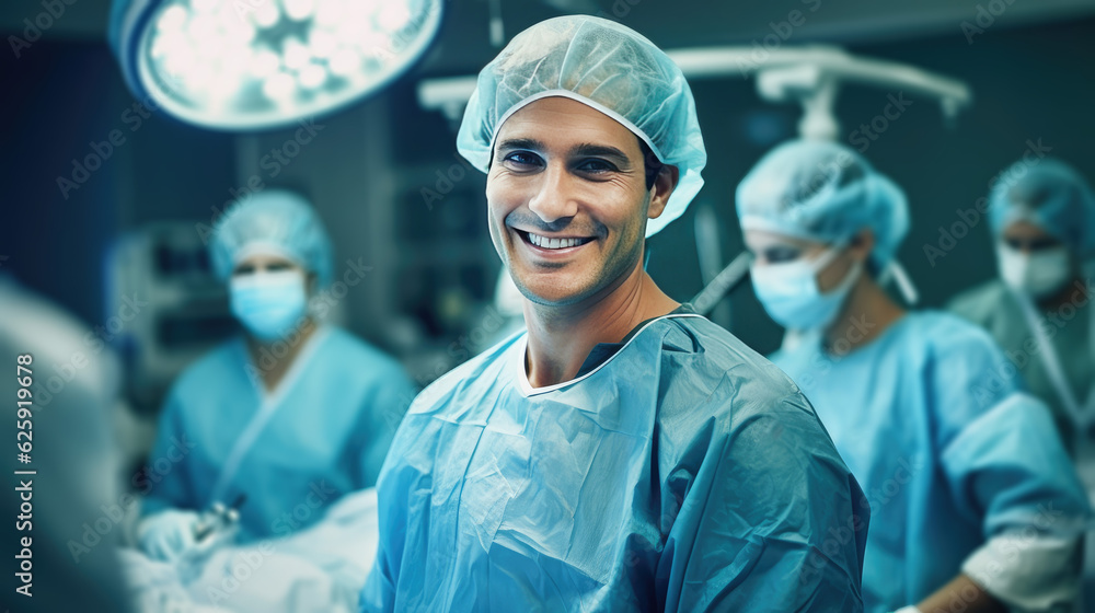 Foto de Smiling surgeon man in surgical operating room, talented doctor ...