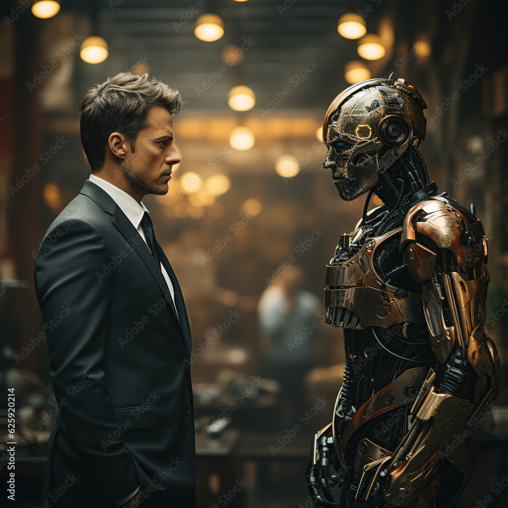 Artificial Intelligence VS Human. Robot placed opposite a businessmanat ...