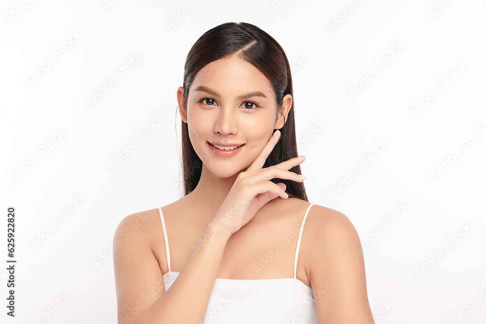 Beautiful Young Asian Woman With Clean Fresh Skin On White Background