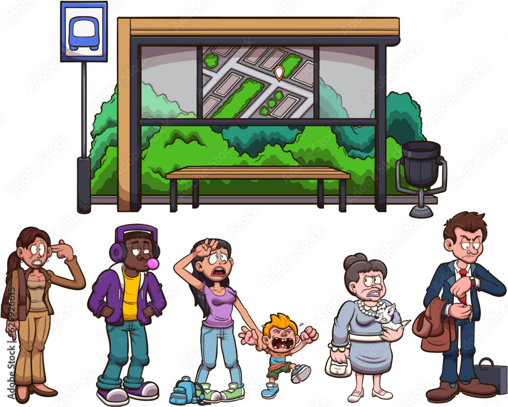 Cartoon People Waiting In Line For Bus. Vector illustration with simple ...