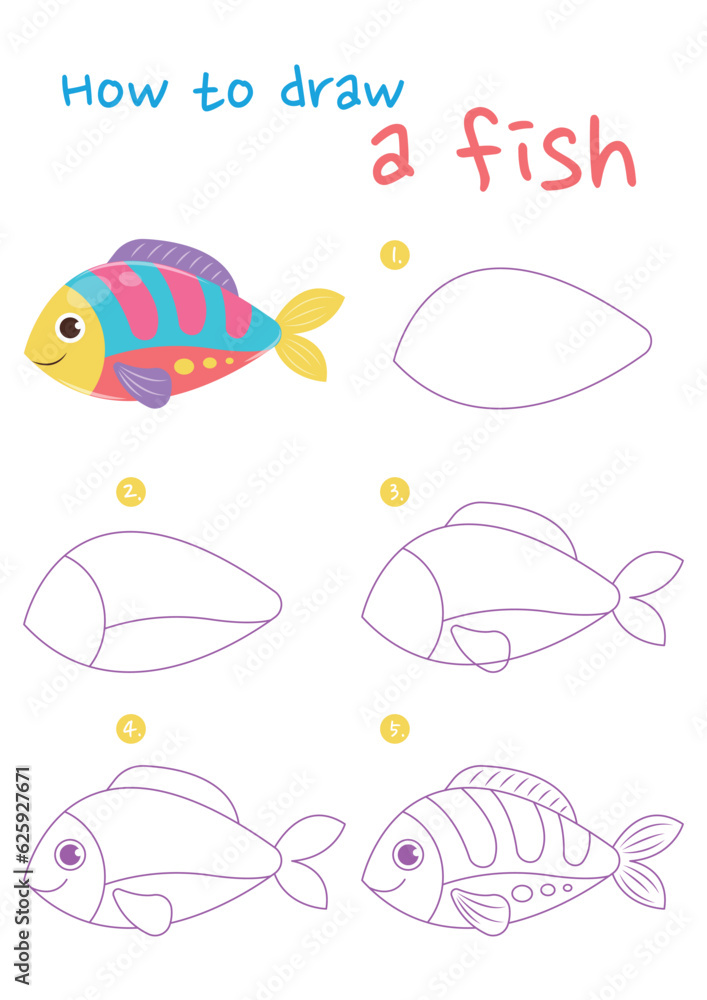 How to draw a fish vector illustration. Draw a fish step by step. Cute ...
