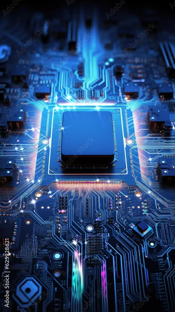 A animated circuit board background. Computer motherboard, cpu, chips ...
