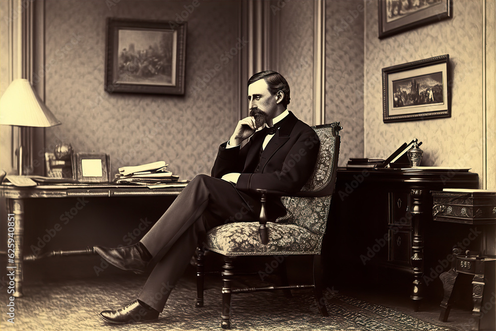 Rich man aristocracy, banker, businessman sits in chair in drawing room ...