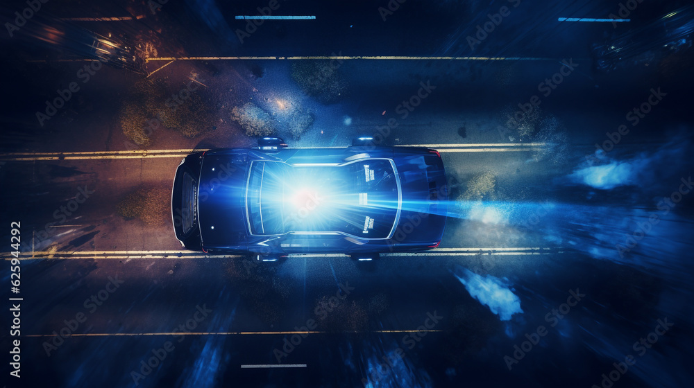 speeding police car , blue lights, answering an emergency, from above ...