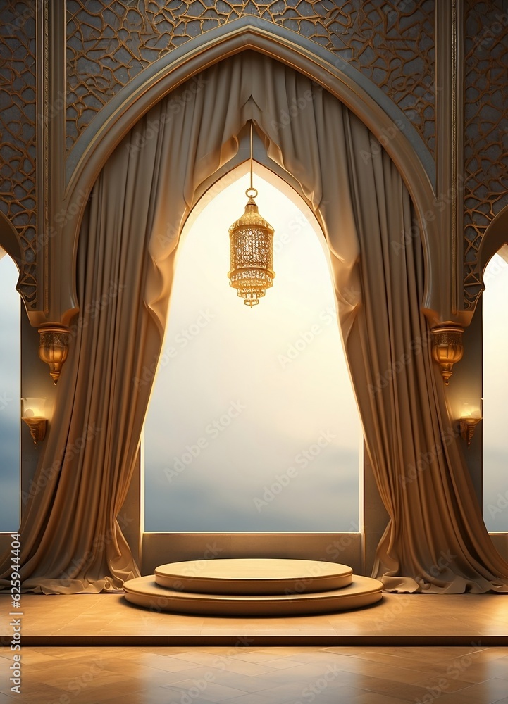 Islamic display podium with mosque window arabic lantern curtain ...