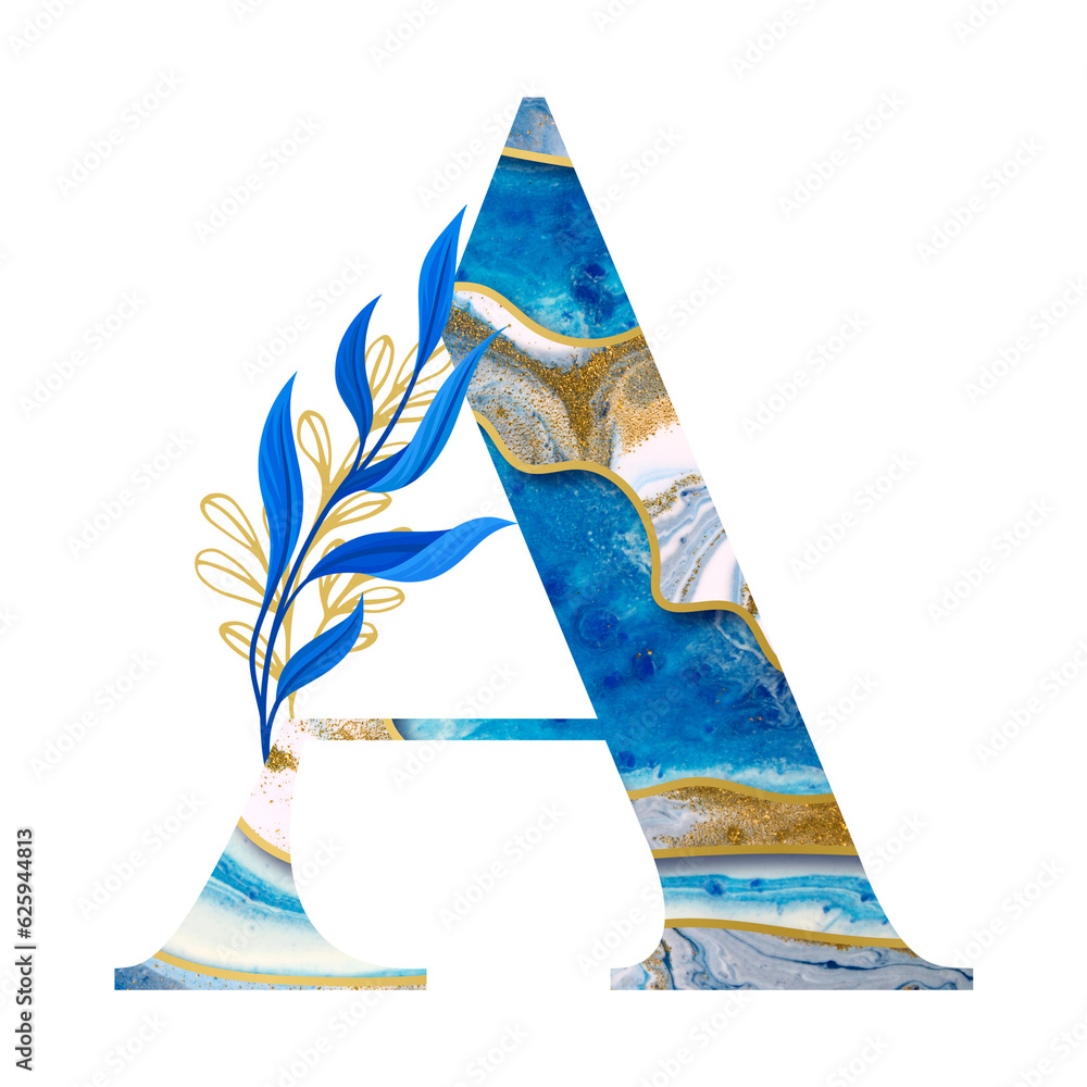Blue gold marble ink alphabet letters from A to Z, isolated on ...
