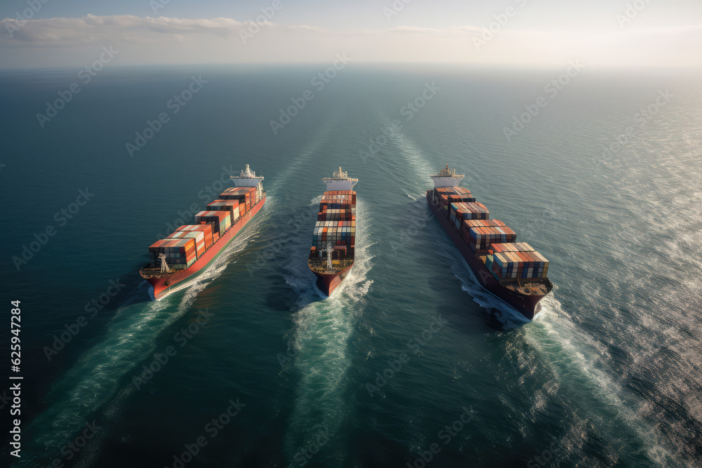 Four container ships sail across the ocean in this aerial photograph ...